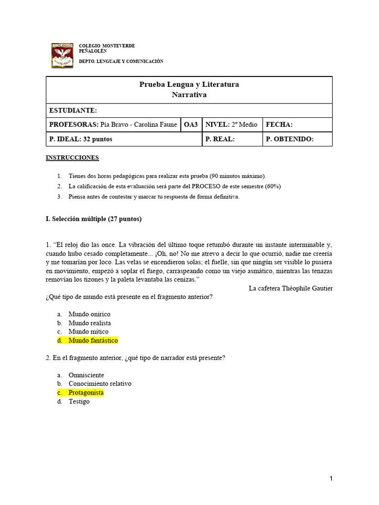 Prueba 2do medio (pauta) | PDF | Bilbo Baggins