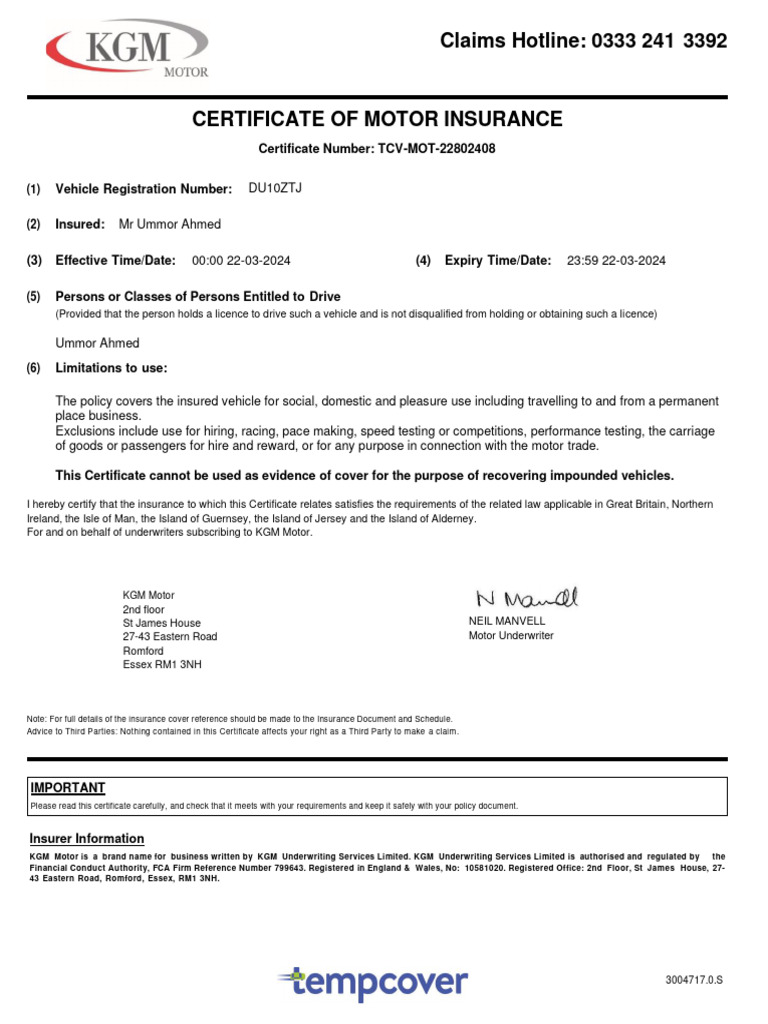 Certificate of Motor Insurance For KGM Policy TCV-MOT-22802408 | PDF ...