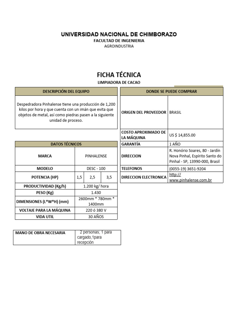 Ficha Tecnica de Maquina de Chocolate | PDF | Chocolate