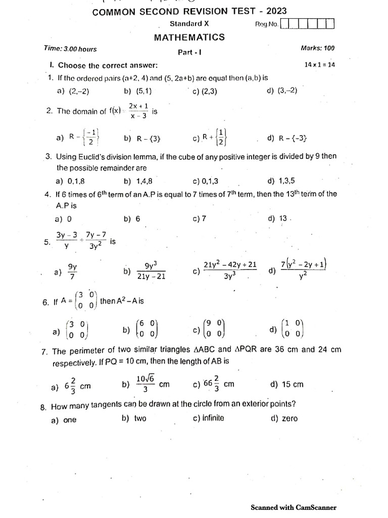 10th Maths Thiruvallur 2nd Rev 2023 QP EM | PDF