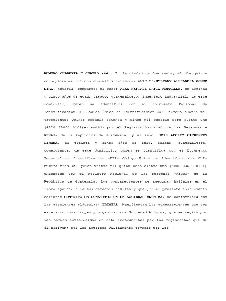 Escritura Pública de Contrato de Constitución de Sociedad Anonima | PDF