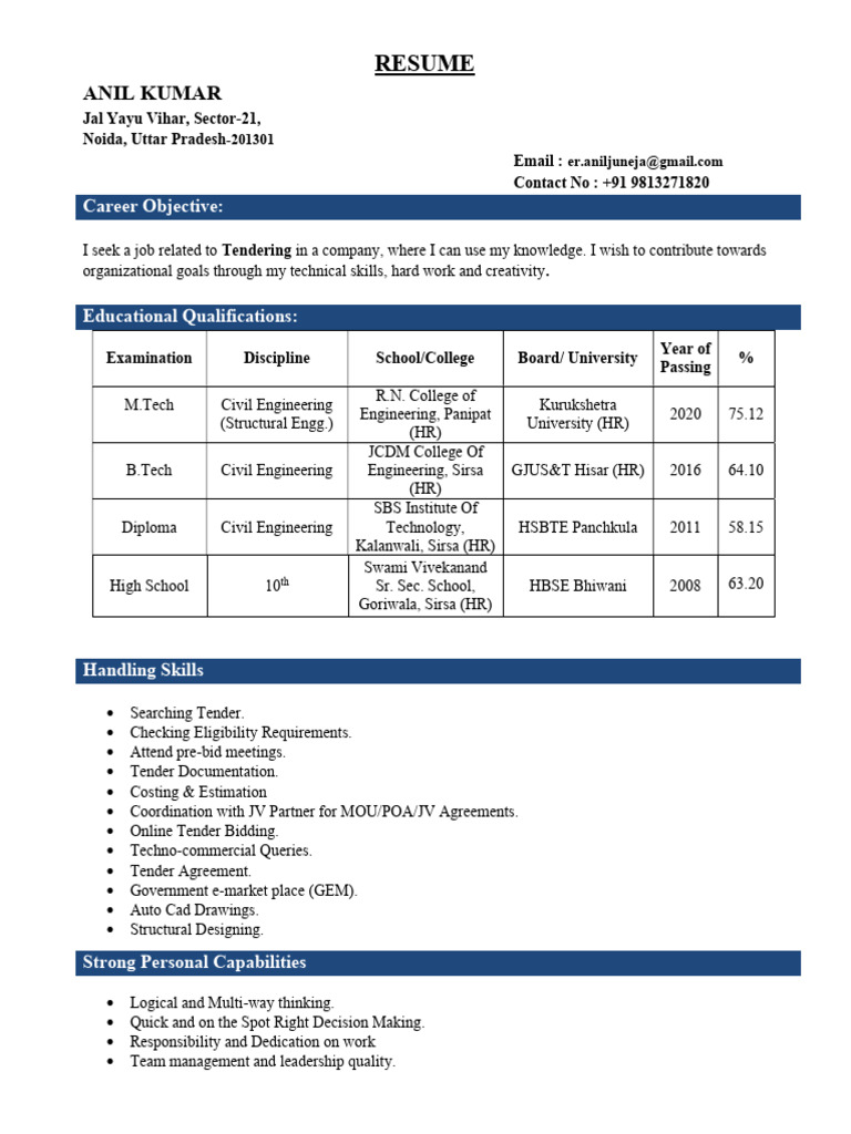 Resume Anil Kumar | PDF | Engineering