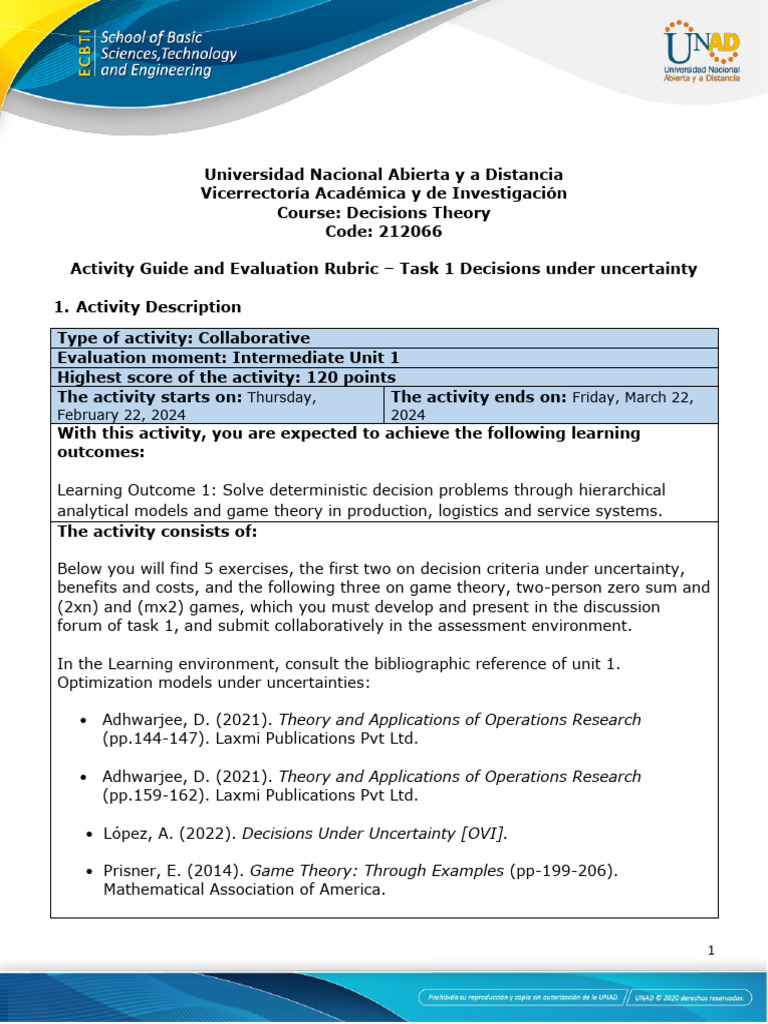 Activity Guide and Evaluation Rubric - Unit 1 -Task 1 - Decisions under uncertainty.docx (2 ...