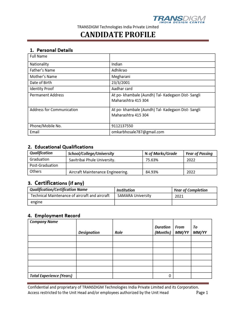 Candidate Profile Form-Ver 1.1 | PDF | Travel Visa | Passport