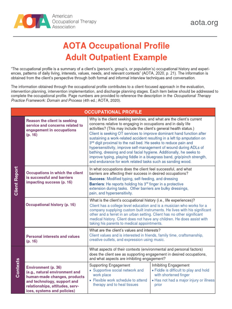 AOTA Adult Outpatient Occupational Profile | PDF | Occupational Therapy ...