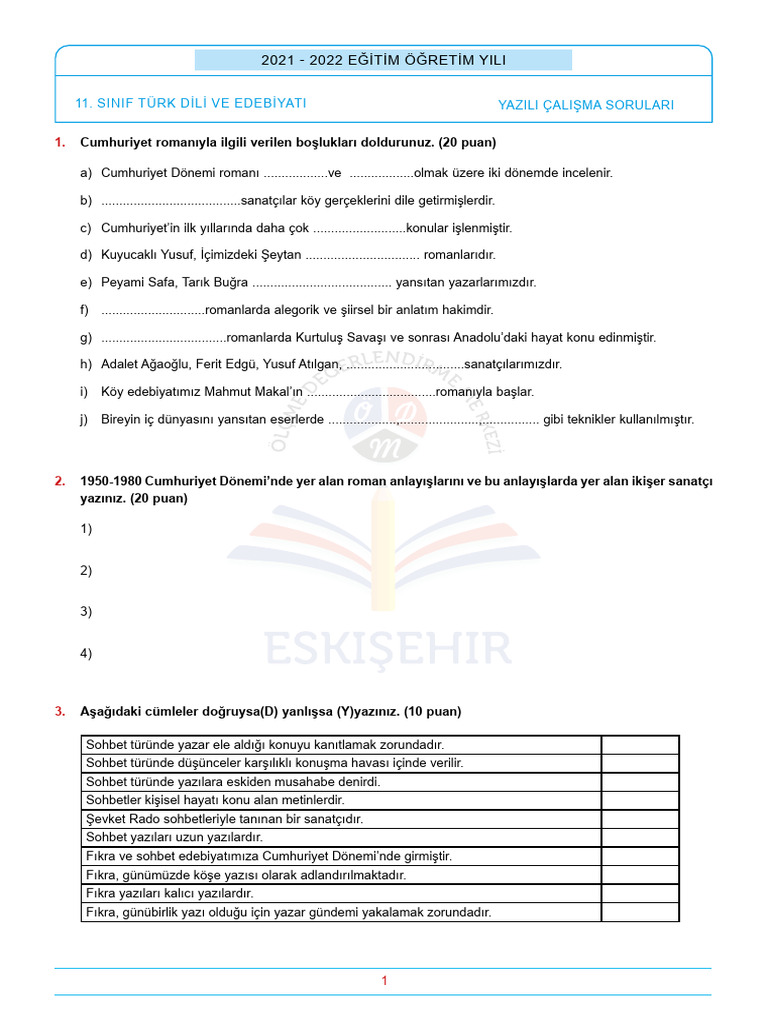11.sinif Edebiyat 2.donem 1.yazili Calismasi Ve Cevaplari | PDF