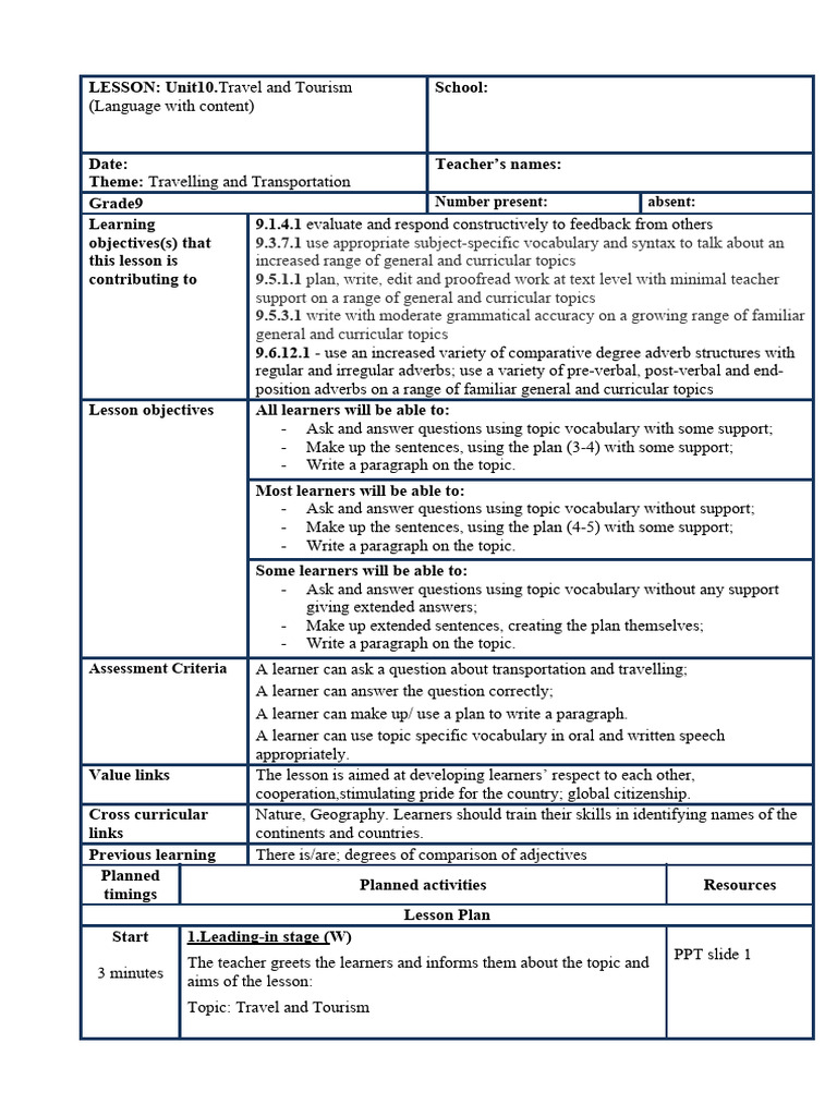 English_Grade 9_4A_Travel and Tourism_Lesson Plan 3 | PDF | Cognition ...