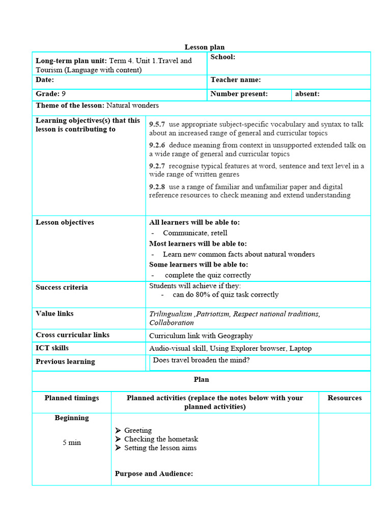 English_ Grade 9_Travel and Tourism_Lesson Plan | PDF | Learning ...