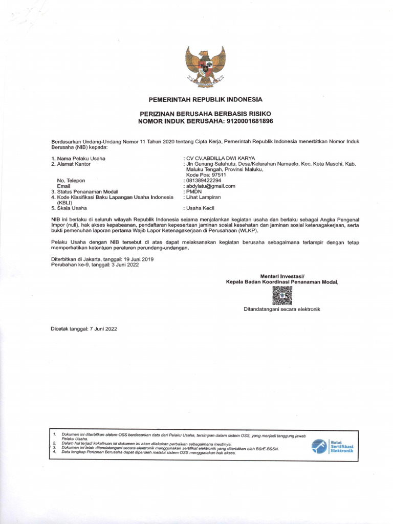 Nib Cv. Abdilla Dwi Karya | PDF