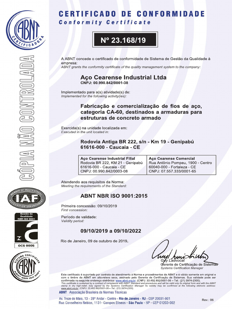 Aço Cearense - Certificado ISO 9001 2022 | PDF
