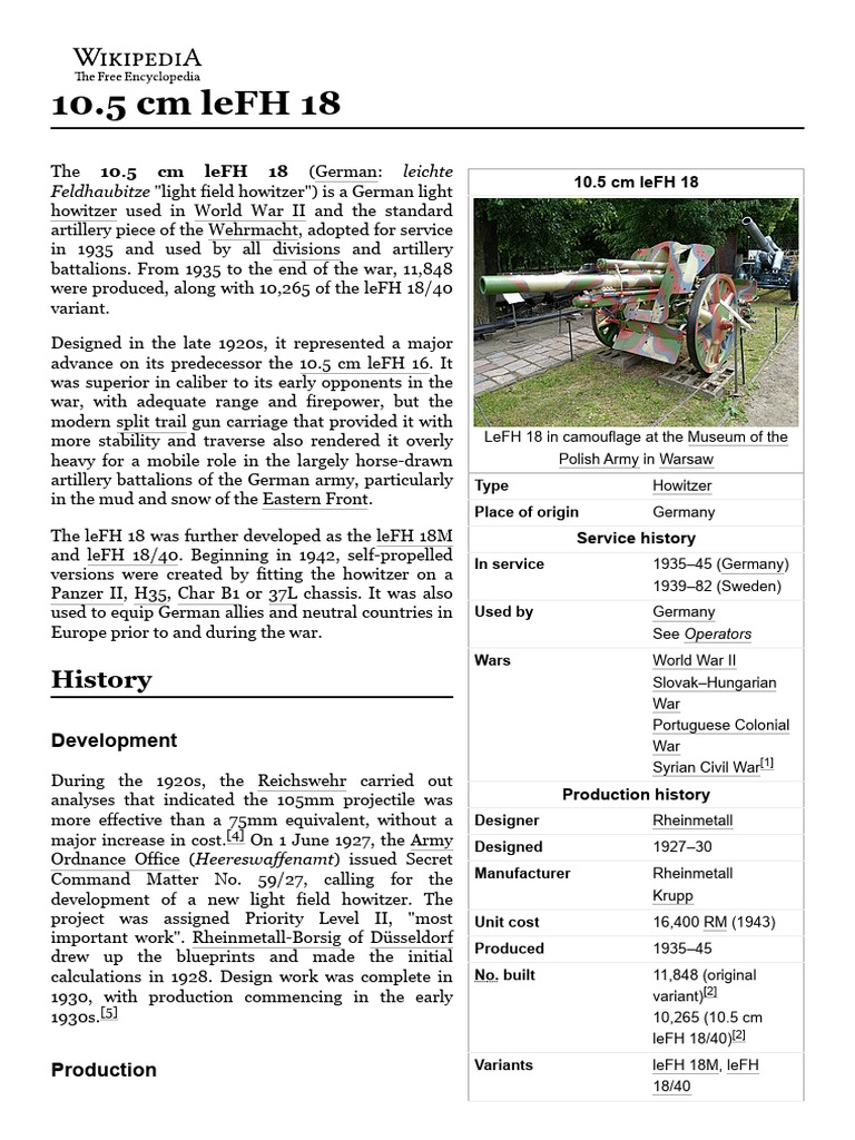 10.5 CM leFH 18 Wikipedia (EN) | PDF | Ballistics | Projectile Weapons