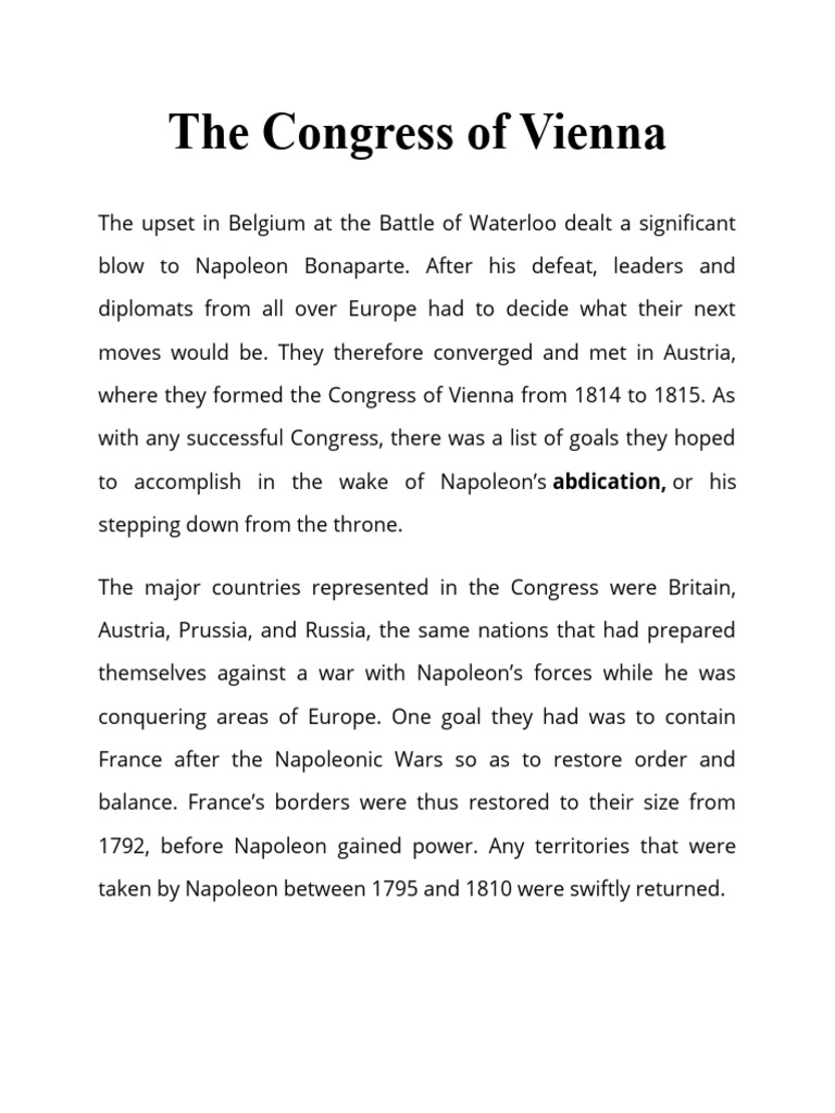 Congress of Vienna: Restoring Europe 1814-1815 | PDF | Napoleon ...