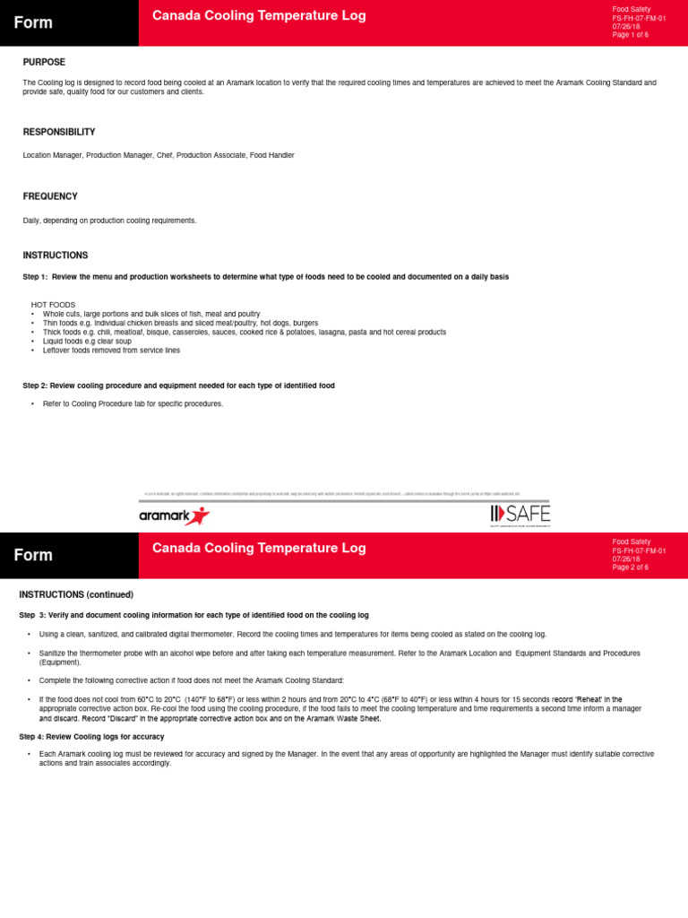 Canada Cooling Temperature Log Form | PDF | Thermometer | Temperature