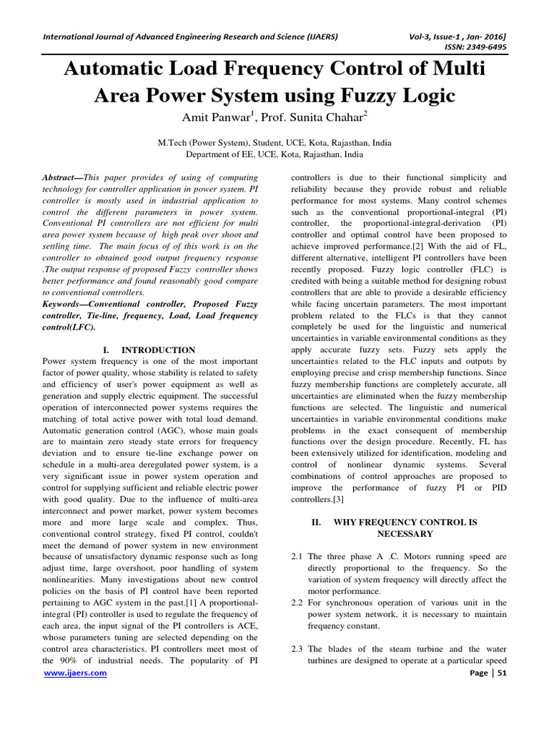 Automatic Load Frequency Control of Mult | PDF | Fuzzy Logic | Applied Mathematics