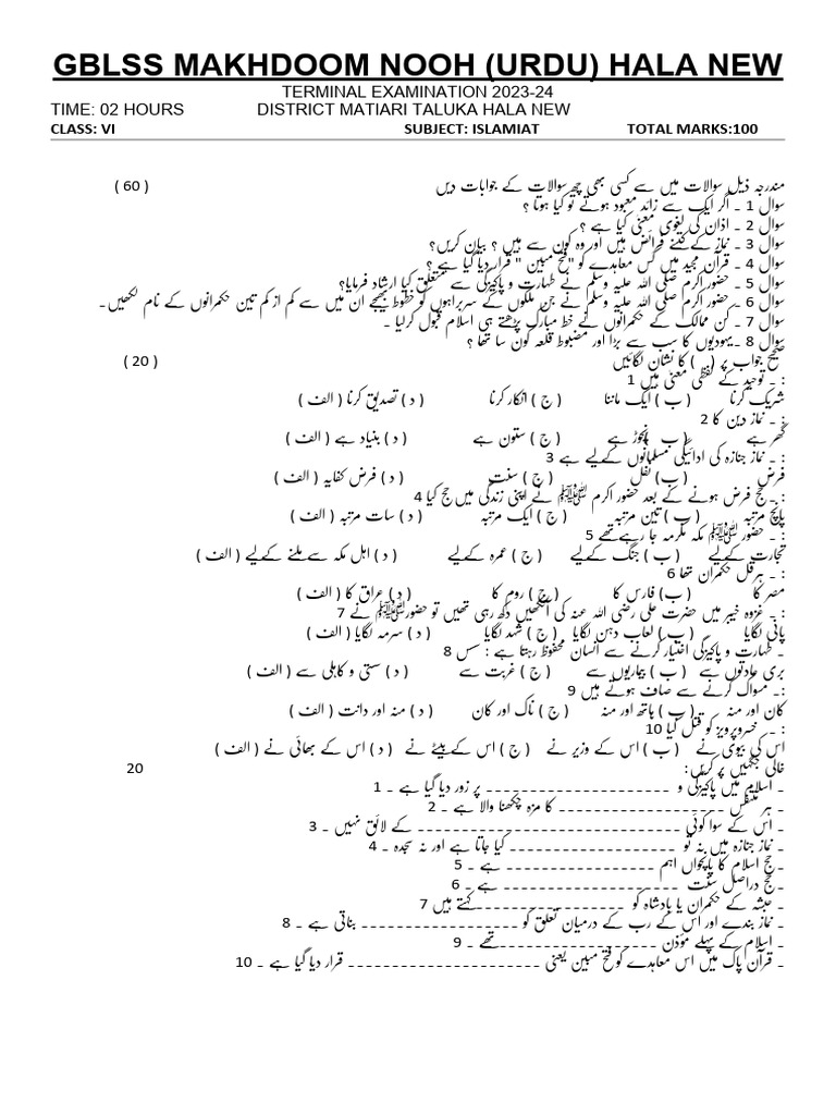Islamiat Paper Class Vi To Viii - 1 | PDF