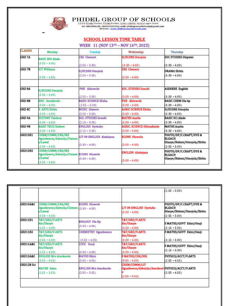 Week 11 Lesson Time Table | PDF