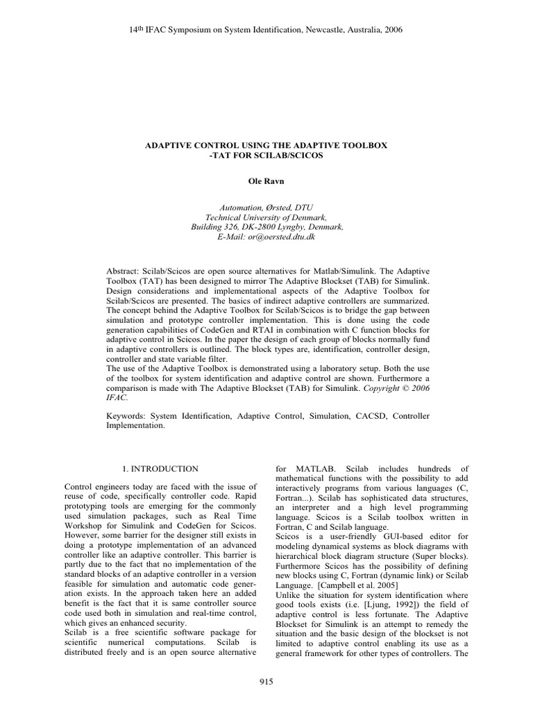 Adaptive Control Using The Adaptive Toolbox Tat For Xcos Scilab Pdf Control Theory Matlab