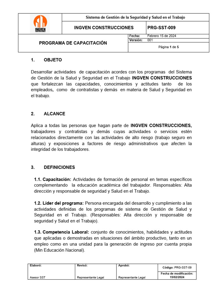 PRG-SST-008 Programa de Capacitación | Descargar gratis PDF | Valores