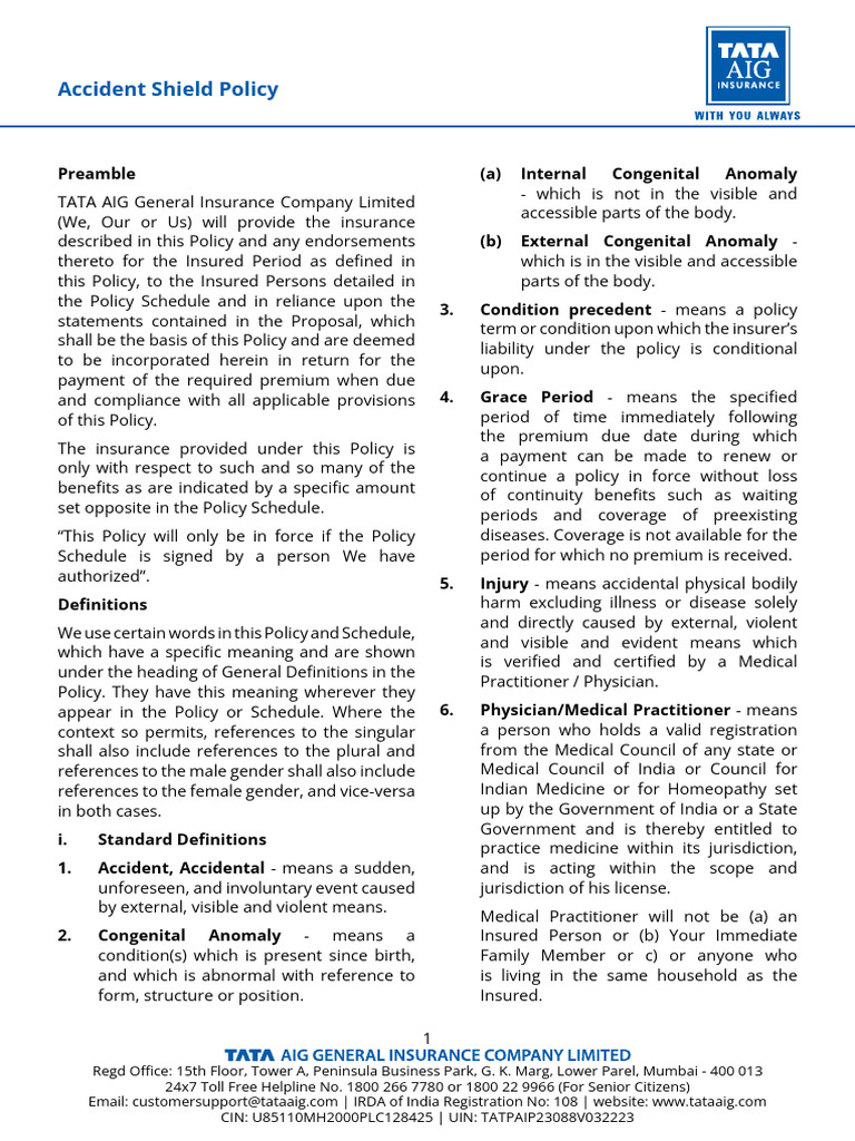 ACCIDENT SHIELD POLICY Policy Wording 2982ea20b0 | PDF | Insurance ...