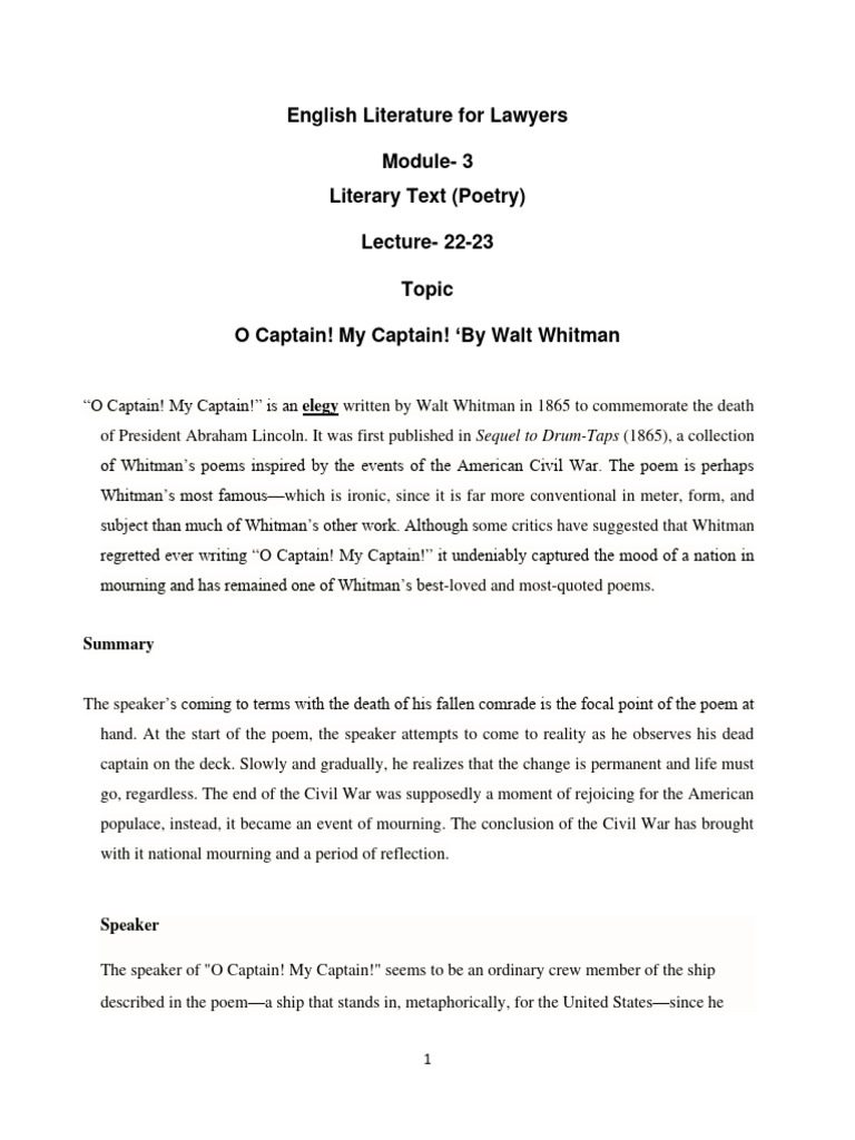 22-23-O Captain ! My Captain ! by Walt Whitman | PDF | Poetry ...