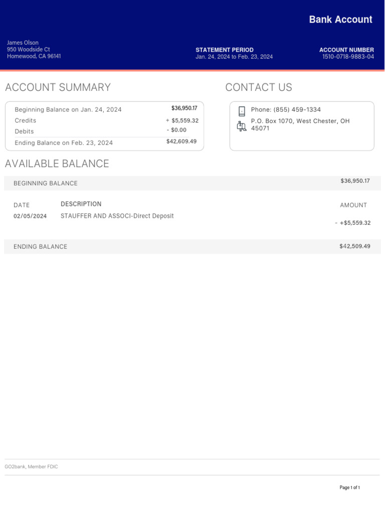 GO2bank Statement February 23, 20243235957967447059353 | PDF