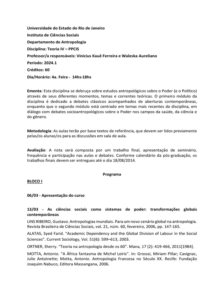 Programa Da Disciplina | PDF | Antropologia | Gênero
