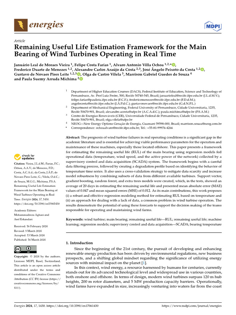 Remaining Useful Life Estimation Framework for the Main Bearing of Wind Turbines Operating in ...