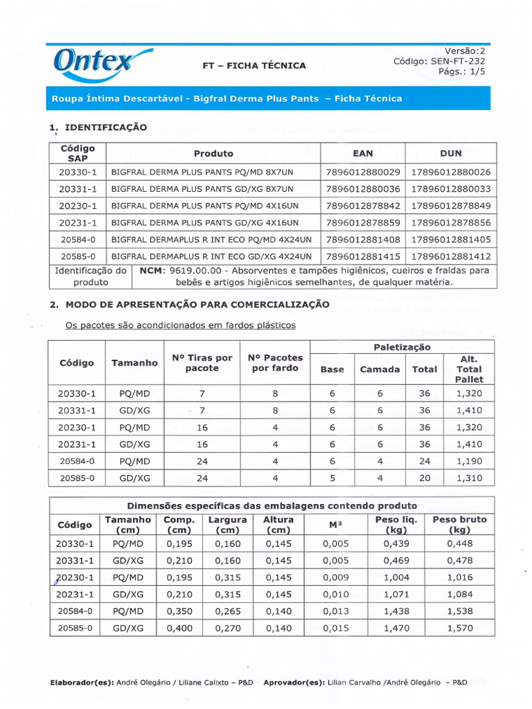 Ficha Técnica - Roupa Íntima Descartável Bigfral Derma Plus Pants | PDF