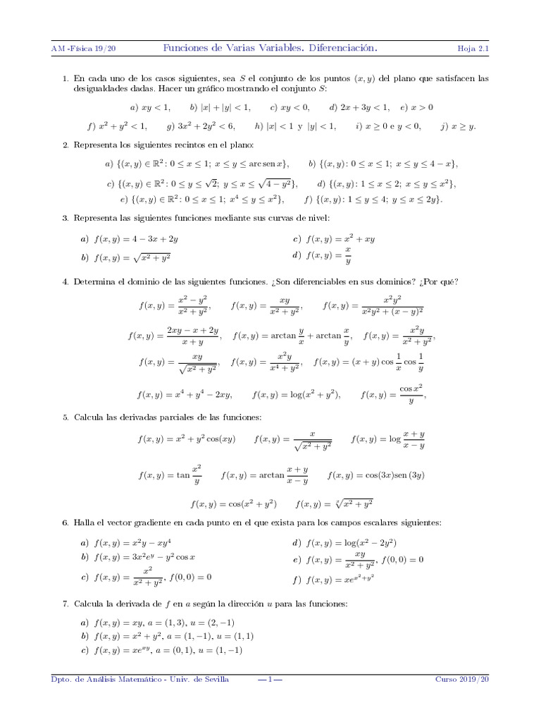 Hoja2.1 FuncionesVariasVariables | PDF | Curva | Conceptos matemáticos