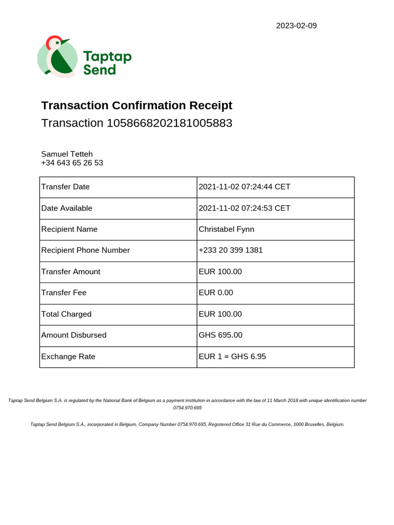Transaction Receipt: EUR to GHS Transfer | PDF
