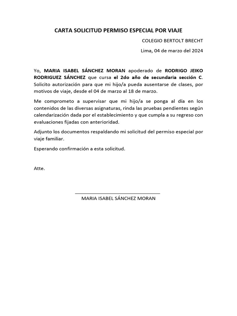 Carta Solicitud Permiso Especial Por Viaje | PDF