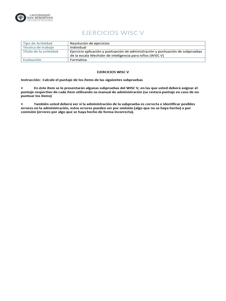 Ejercicio Protocolo WISC V | PDF