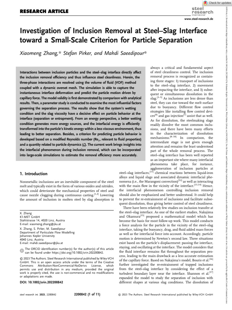 Steel-Slag Interface Inclusion Removal | PDF | Force | Wetting