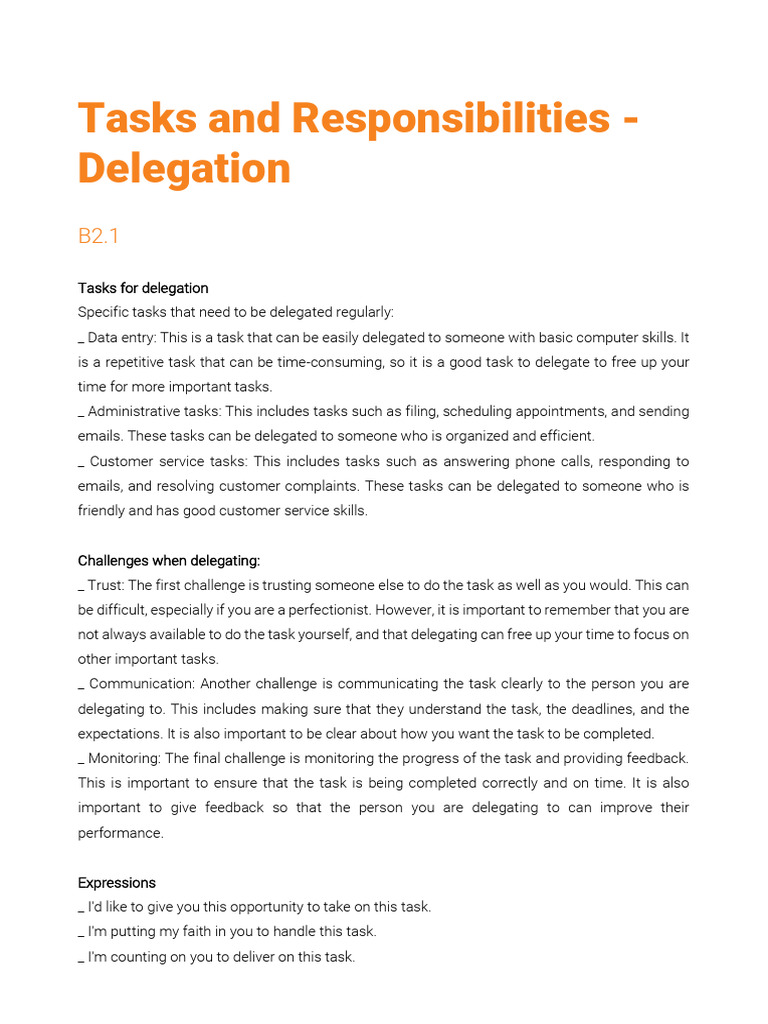 Tasks and Responsibilities - Delegation | PDF | Cognitive Science ...