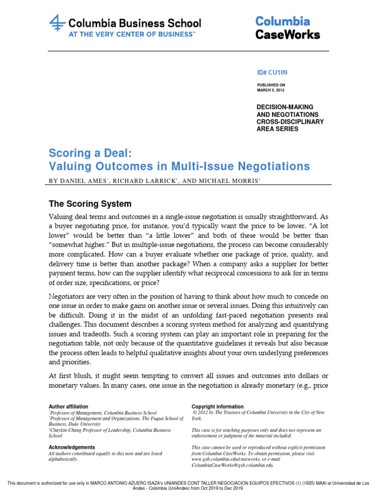 Scoring A Deal Valuing Outcomes in Multi Issue Negotiations CU109-PDF-ENG | PDF | Negotiation ...