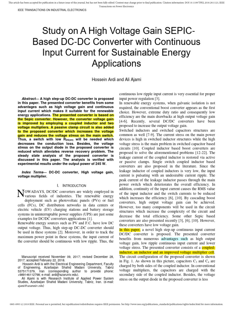 3.study On A High Voltage Gain SEPIC-Based DC-DC | PDF | Direct Current | Photovoltaics