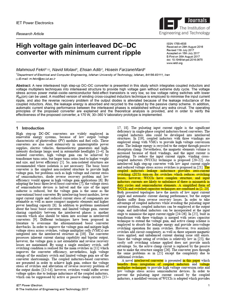 2.high Voltage Gain Interleaved DC-DC | PDF | Inductance | Inductor