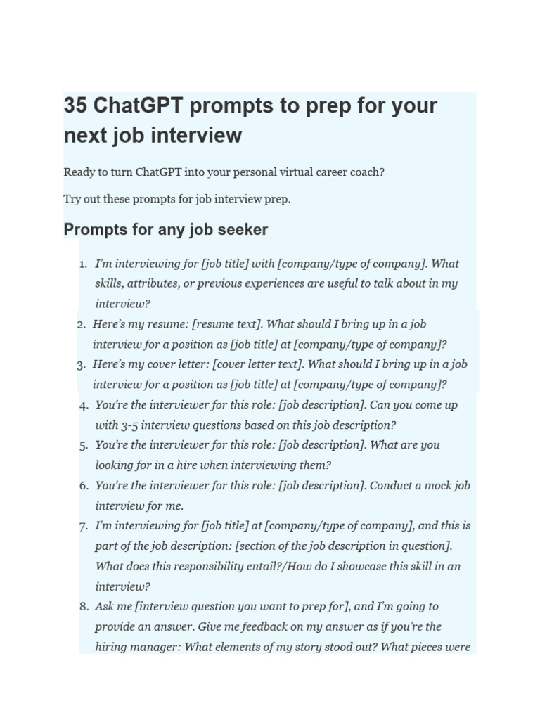 35 ChatGPT Prompts To Prep For Your Next Job Interview | PDF | Job Interview | Human Communication