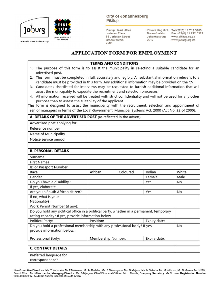 Application Form For Pikitup | PDF | Recruitment | Government