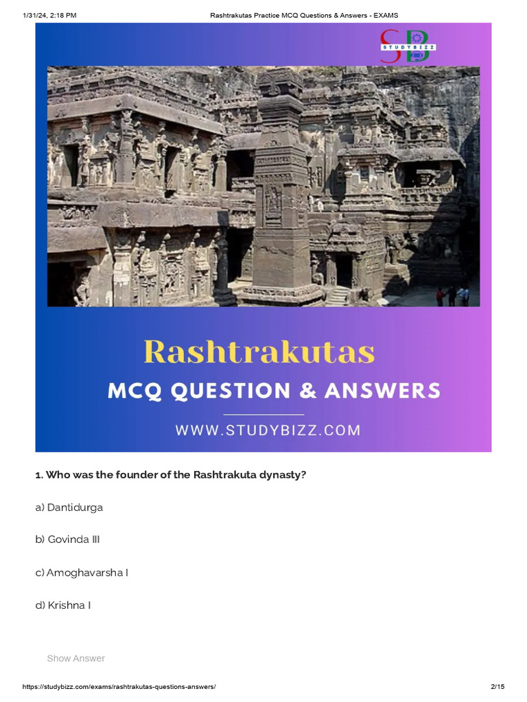 Rashtrakutas Practice MCQ Questions & Answers - EXAMS | PDF