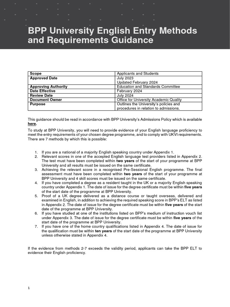 BPP English Entry Guidelines | PDF | International English Language ...