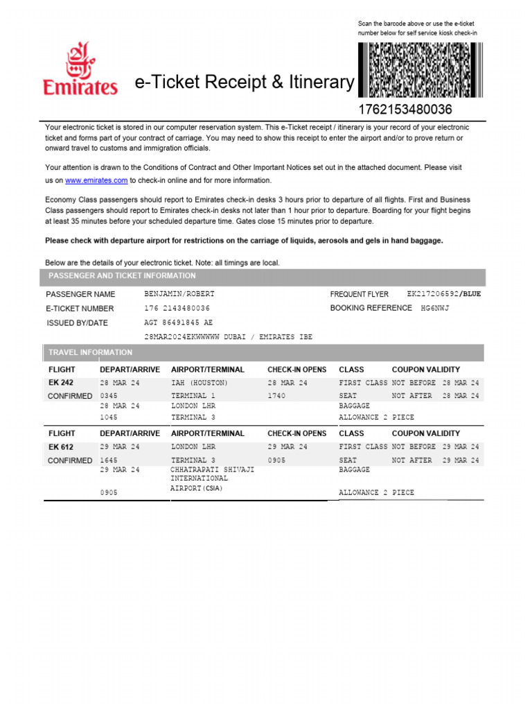 Emirates e-Ticket Receipt & Itinerary | PDF | Aviation | Airlines