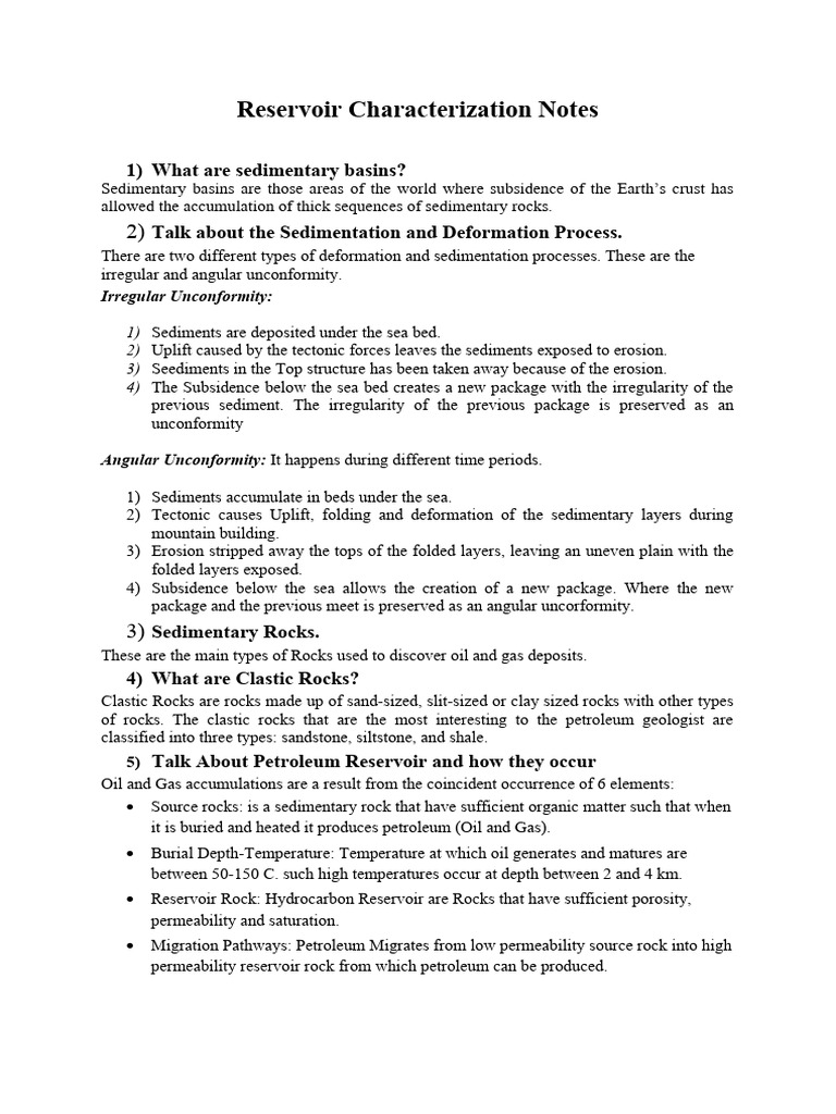 Reservoir Characterization Notes | PDF | Sedimentary Rock | Fluid Dynamics