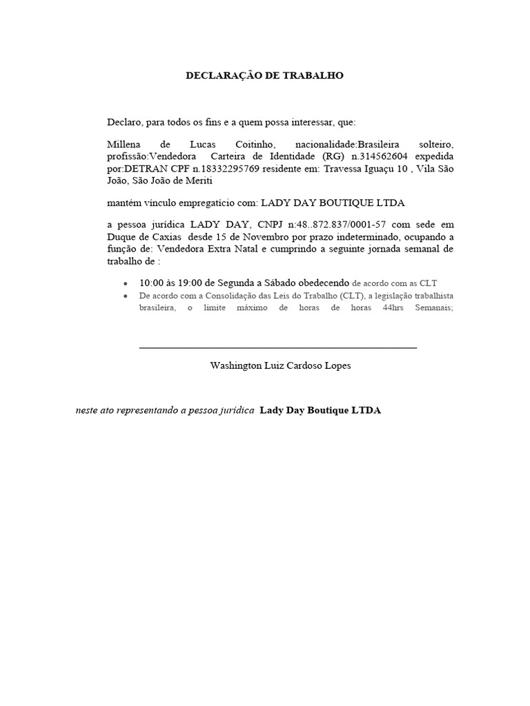 Modelo Declaracao Trabalho | PDF