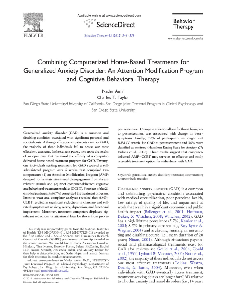 Combining Attention Mod & Home CBT For GAD - Amir & Taylor (2012) | PDF ...