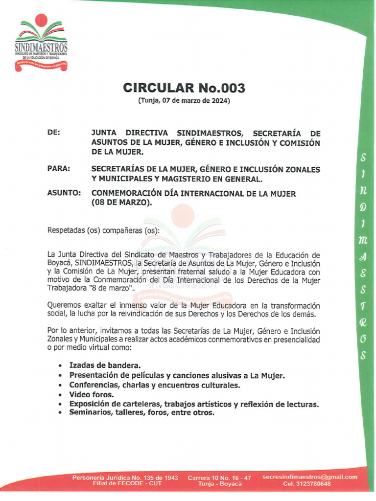 Circular 003 Conmemoracion Dia Internacional de La Mujer | PDF