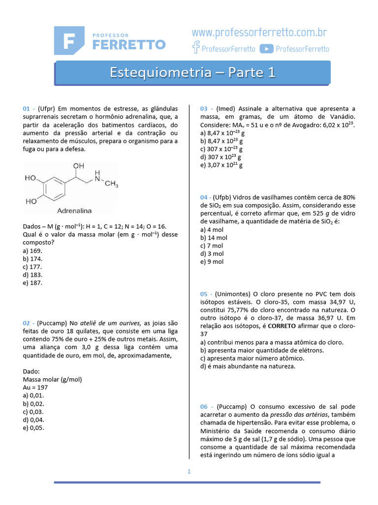 11 Questões - Estequiometria - Parte 1 | PDF | Mol (unidade) | Oxigênio