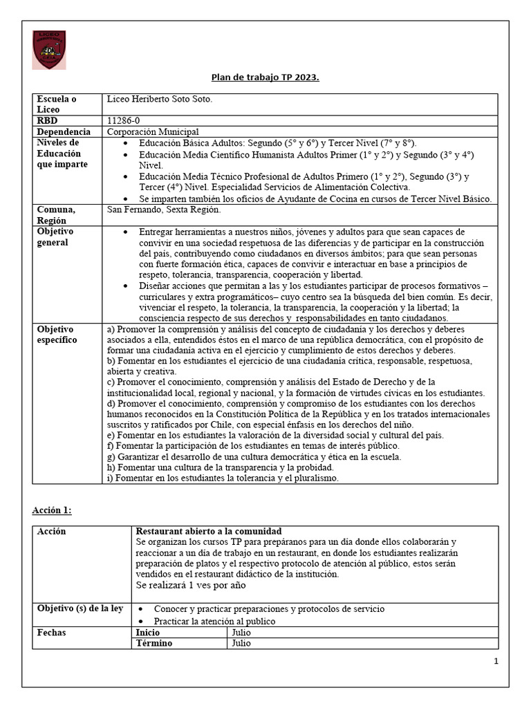 Plan TP 2023: Educación y Gastronomía | PDF | Escuelas | Tolerancia