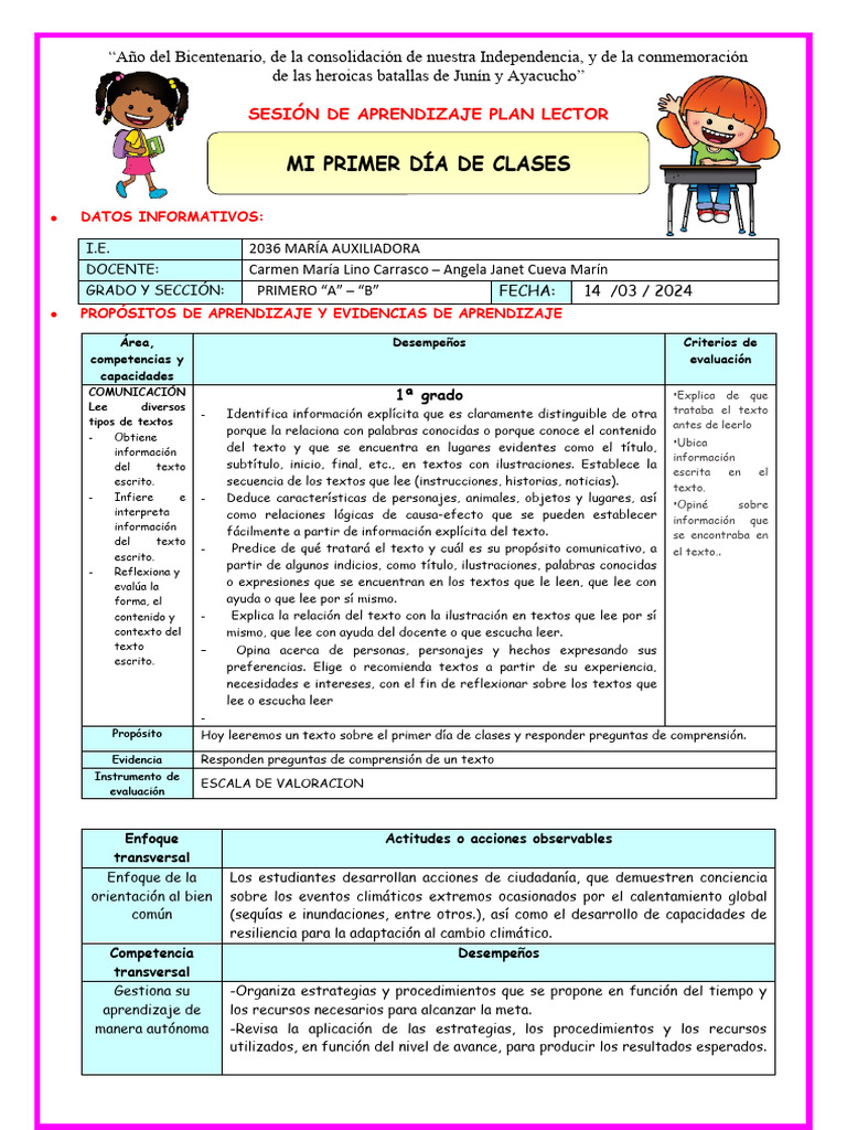 1º U1 S1 Sesion D4 Plan Lector Mi Primer Dia de Clases | Descargar ...