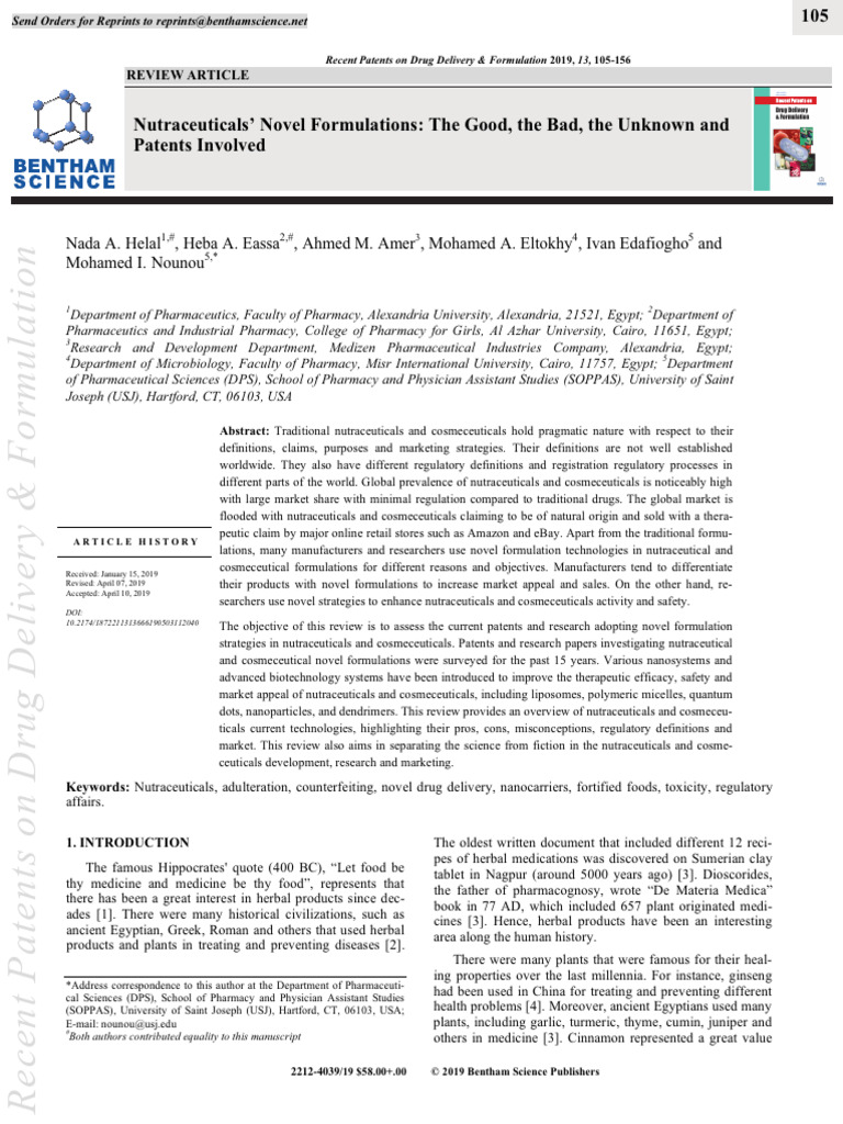 Recent Patents-Nutraceuticals | PDF | Nutraceutical | Dietary Supplements